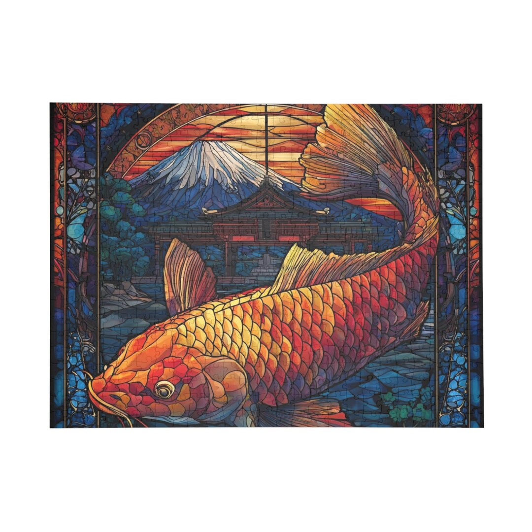 Stained Glass Koi Fish Puzzle Japanese Art Mosaic Elegant Wave Design ...