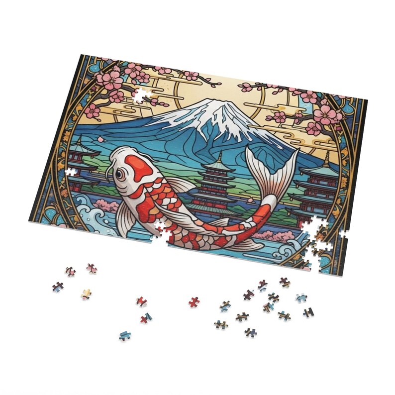Koi Fish Mount Fuji Puzzle Jigsaw with Tin | Cherry Blossom Japanese ...