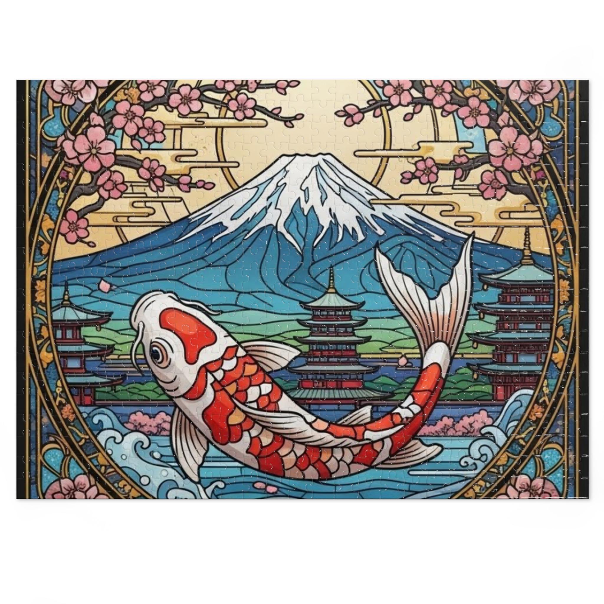 Koi Fish Mount Fuji Puzzle Jigsaw with Tin | Cherry Blossom Japanese ...