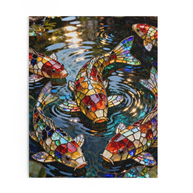 Stained Glass Koi Fish Puzzle Japanese Art Mosaic Elegant Wave Design ...