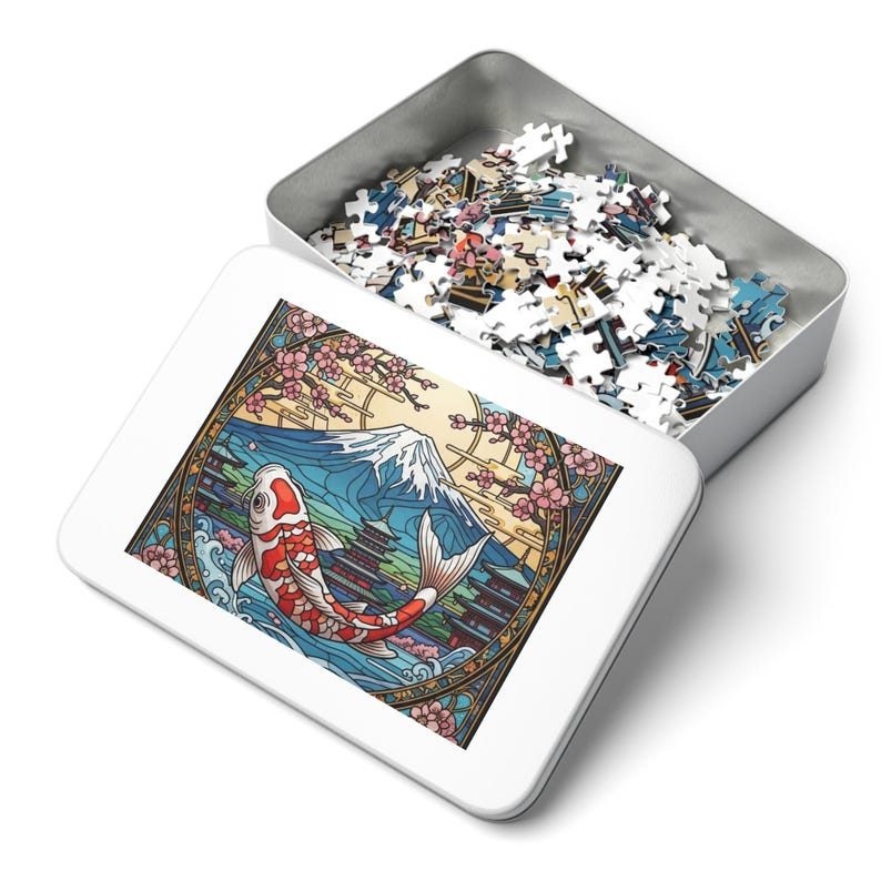 Koi Fish Mount Fuji Puzzle Jigsaw with Tin | Cherry Blossom Japanese ...