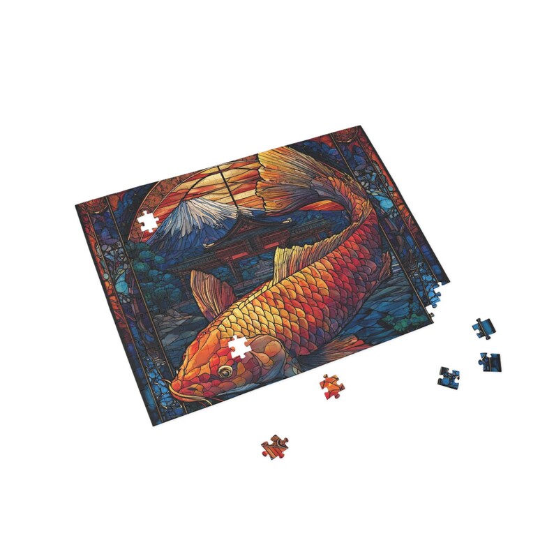 Stained Glass Koi Fish Puzzle Japanese Art Mosaic Elegant Wave Design ...