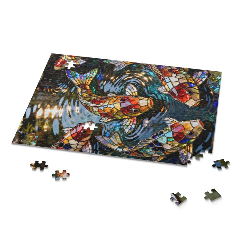 Stained Glass Koi Fish Puzzle Japanese Art Mosaic Elegant Wave Design ...