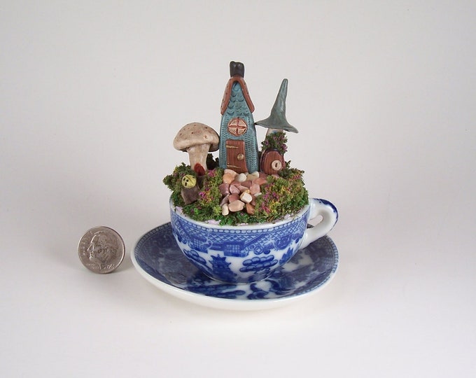OOAK Miniature Fairy House Scene in A Child's Blue Willow Cup & Saucier ...