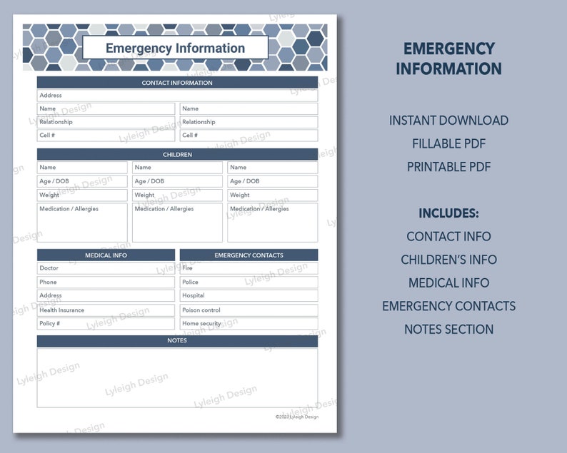 Printable Fillable Emergency Contact Info, Editable Important ...