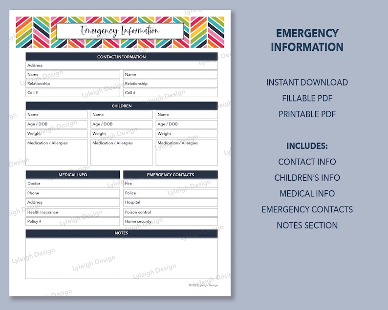 Printable Fillable Emergency Contact Info, Editable Important ...