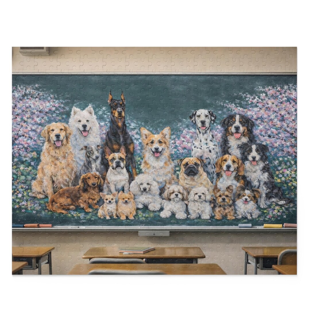 Happy Dog Classroom Puzzle, Whimsical Dogs Chalkboard Art Jigsaw, Cute ...