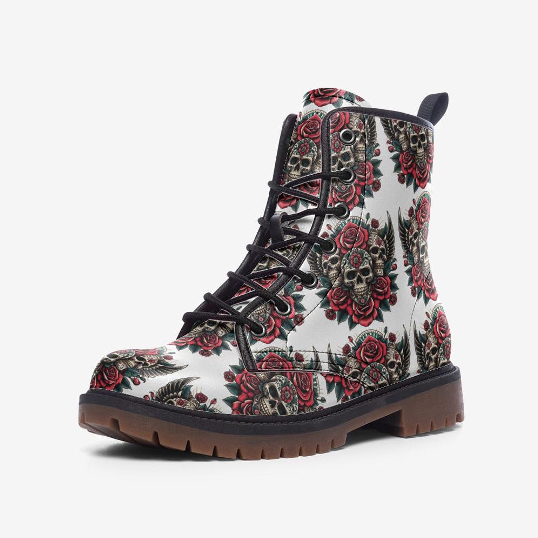 Skull Print Ankle Boots, Gothic Lace-up Faux Leather Footwear - Etsy