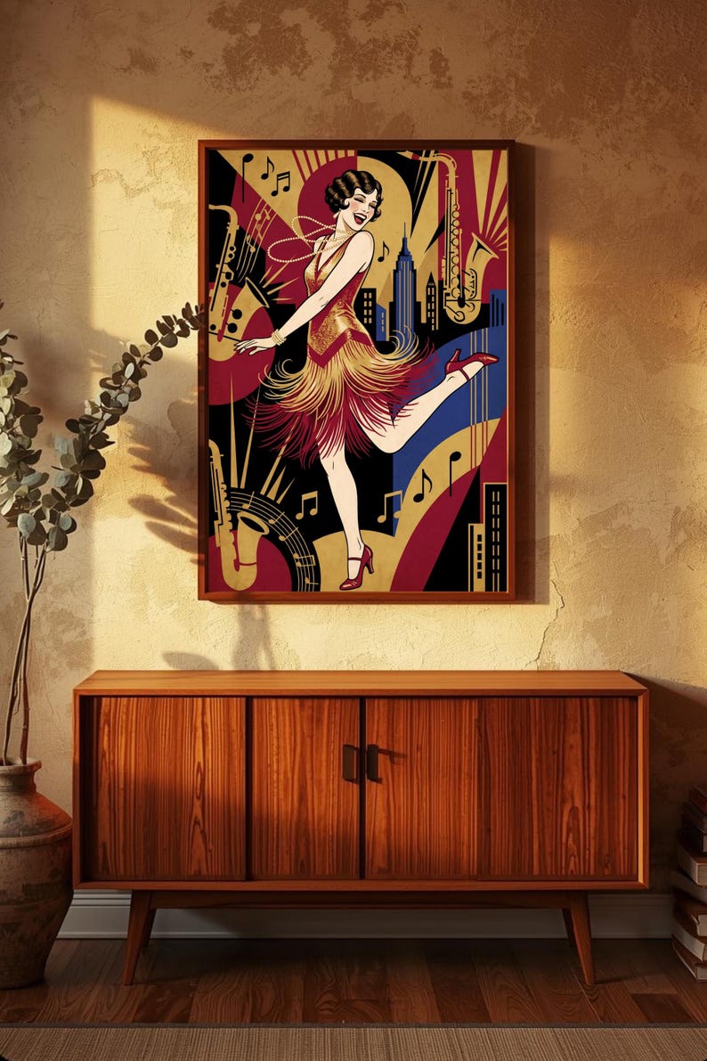 Red Art Deco Dancing Flapper Girl Poster, Vintage Charleston Style Wall ...