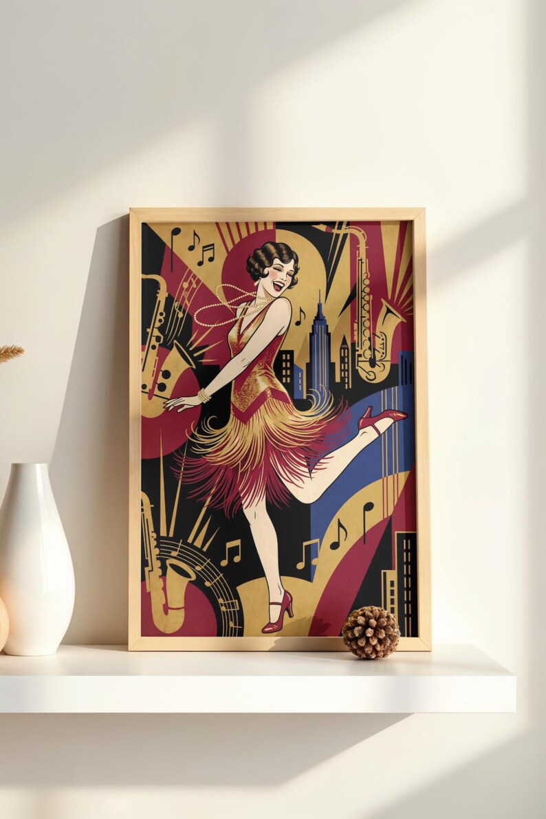 Red Art Deco Dancing Flapper Girl Poster, Vintage Charleston Style Wall ...
