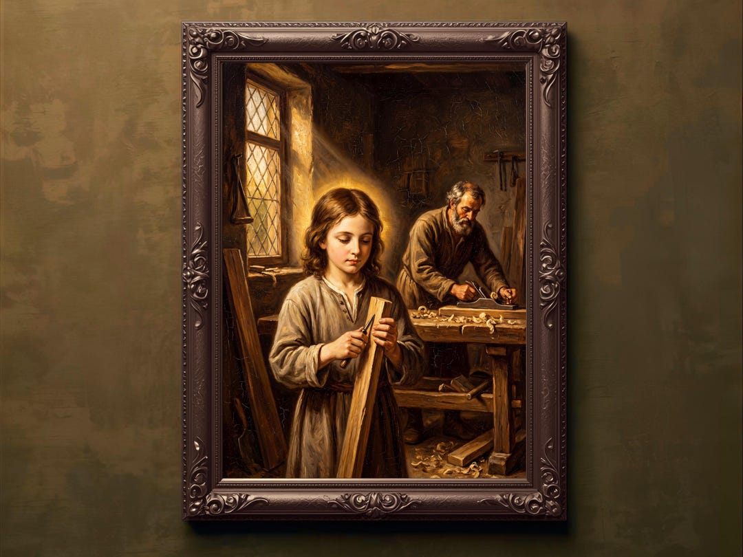 Vintage Young Jesus Carpenter Art, St Joseph and Child Christ Catholic ...