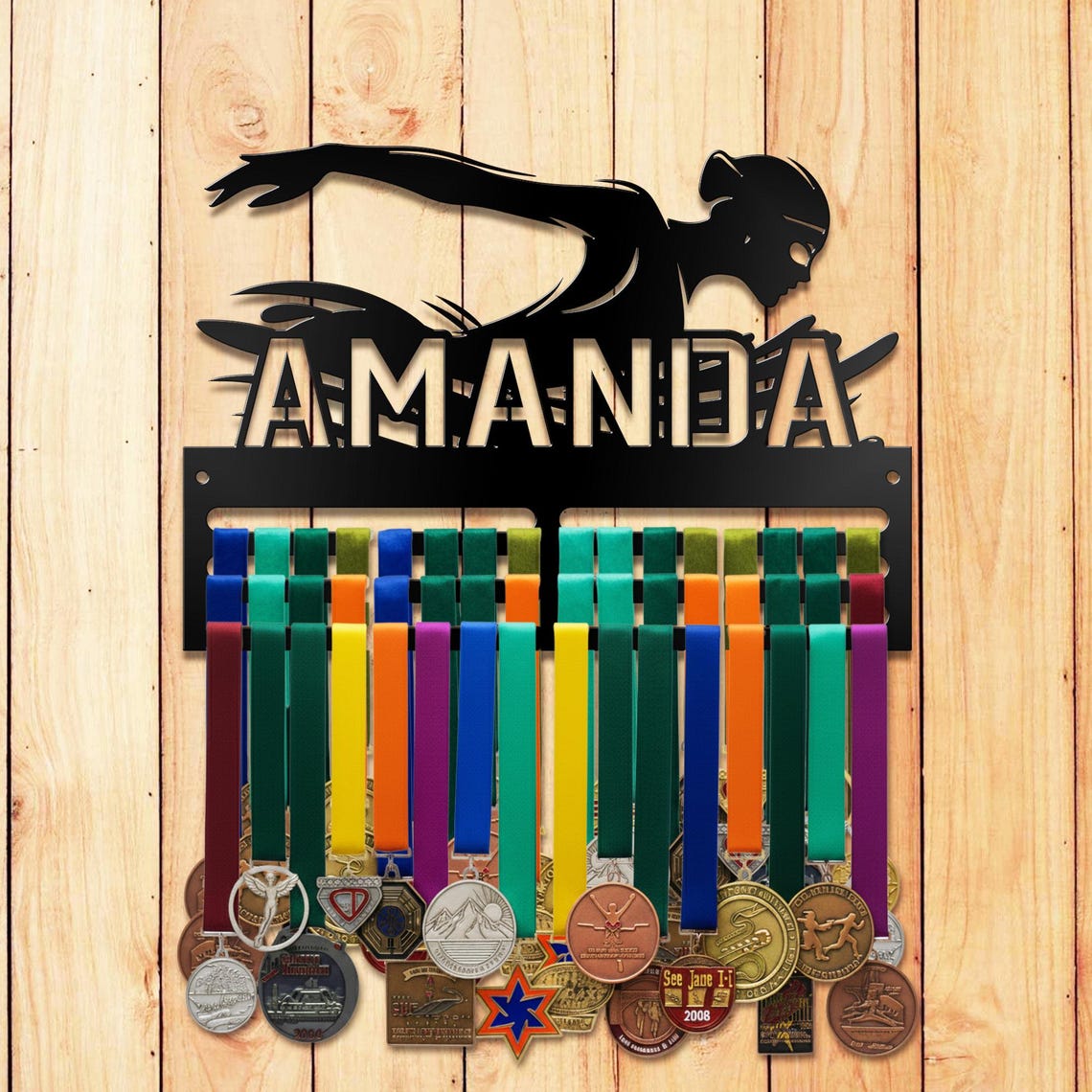 Custom Swim Medal Hanger, Personalized Swimmer Ribbon Display Rack ...