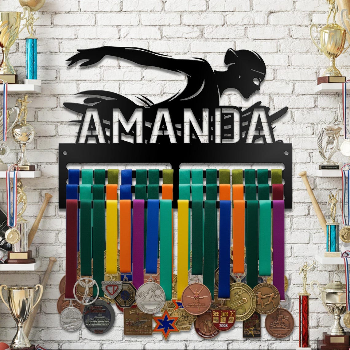 Custom Swim Medal Hanger, Personalized Swimmer Ribbon Display Rack ...