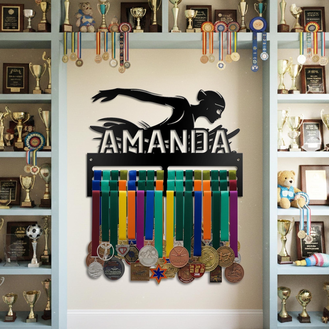 Custom Swim Medal Hanger, Personalized Swimmer Ribbon Display Rack ...