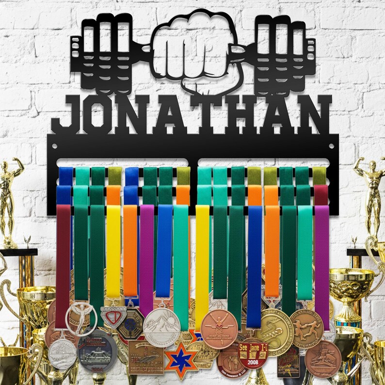 Personalized Gym Medal Hanger, Weightlifting Ribbon Display, Athlete ...