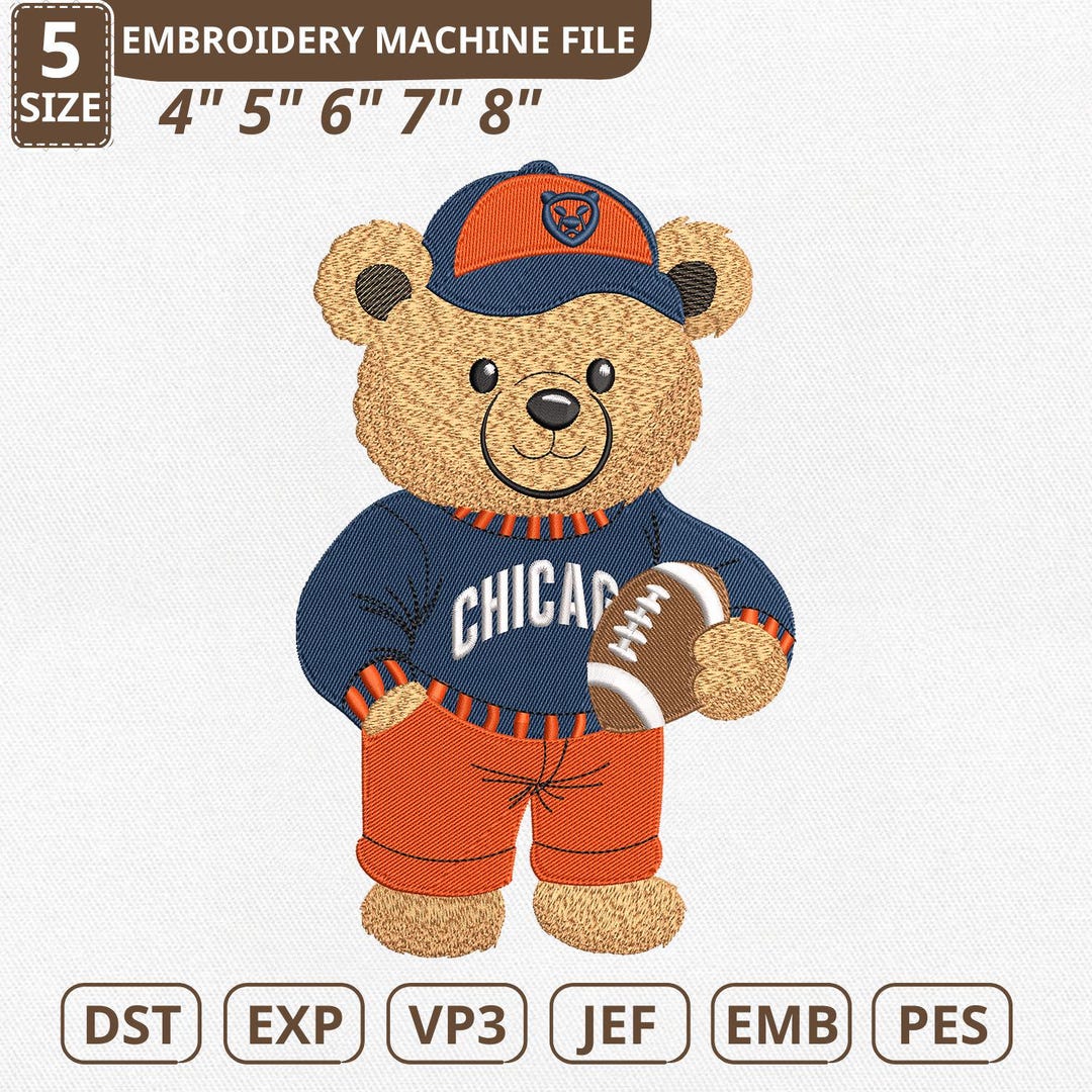 Chicago Teddy Bear Embroidery Design, Navy Orange Rugby Bear (digital ...