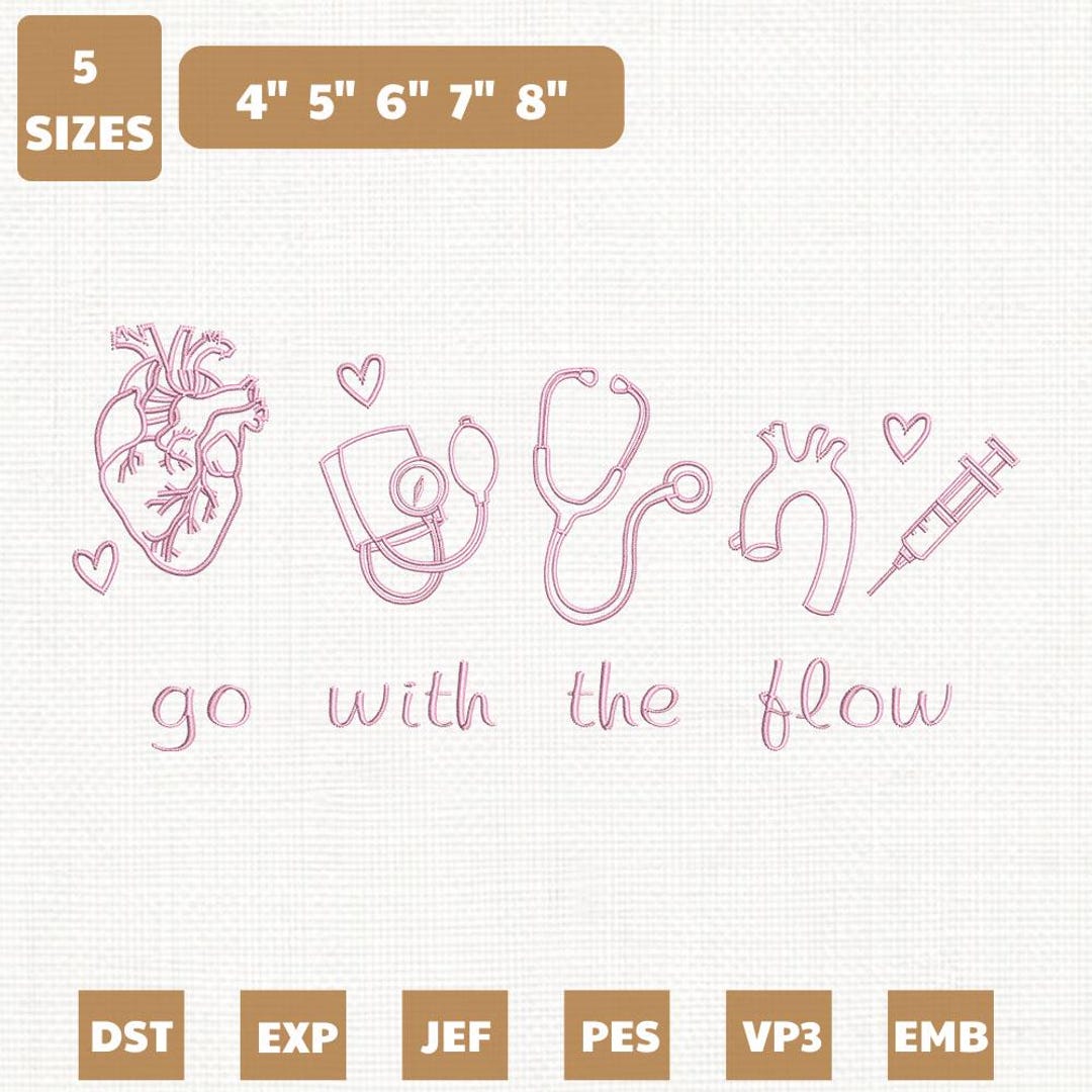 Go With the Flow Cardiac Nurse Machine Embroidery File, Cardiology ...