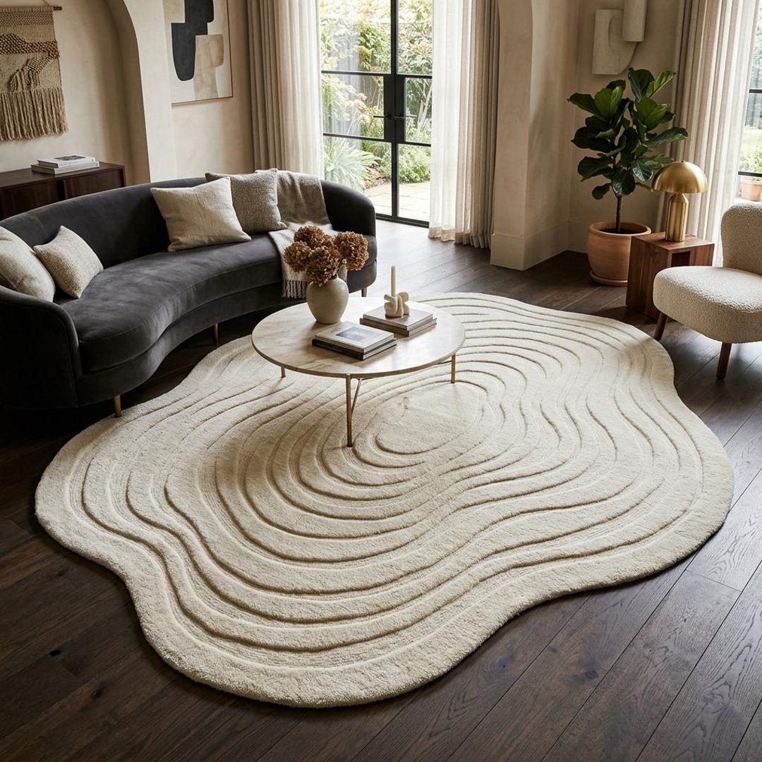 Minimalist Wave Pattern Rug Soft Cream Abstract Area Rug for Living ...