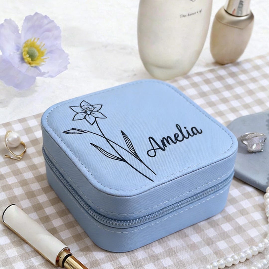 Personalized Birth Flower Travel Jewelry Box, Custom Name Engraved ...