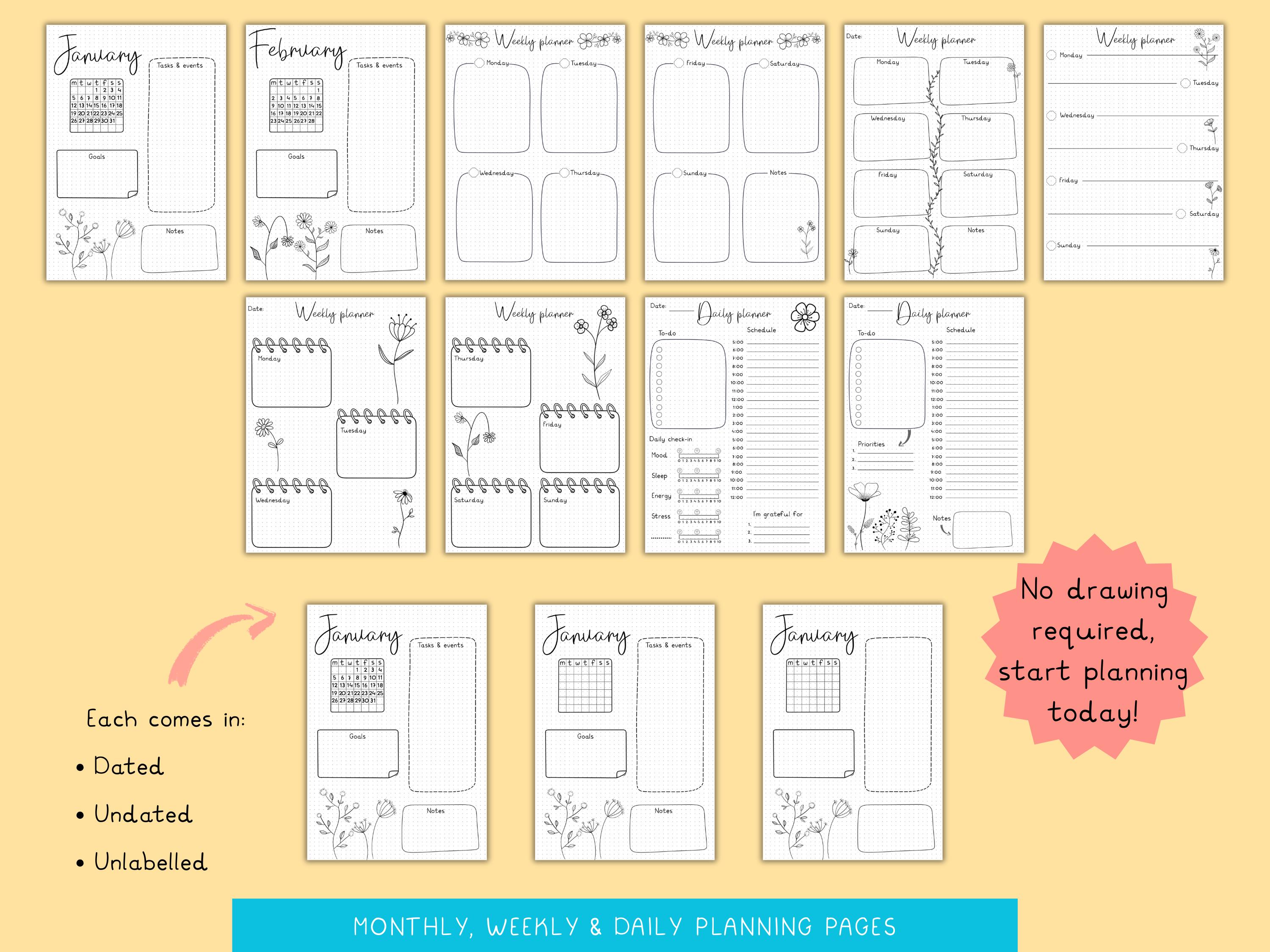 Bullet Journal 2026 & Undated Printable Planner | 120 Page Bujo Starter ...