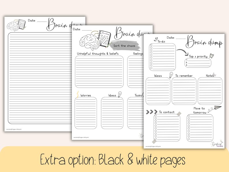 Printable Brain Dump Worksheets | Hand-drawn Journaling Planner Pages ...