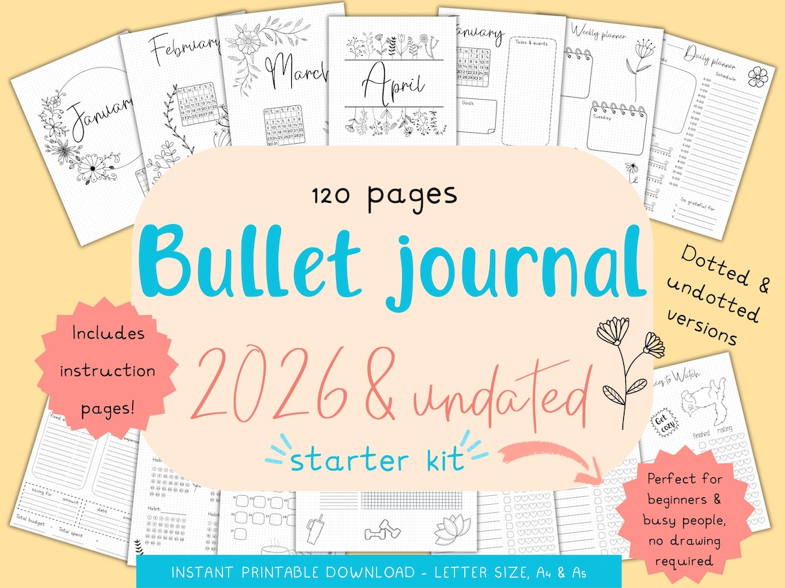 Bullet Journal 2026 & Undated Printable Planner | 120 Page Bujo Starter ...