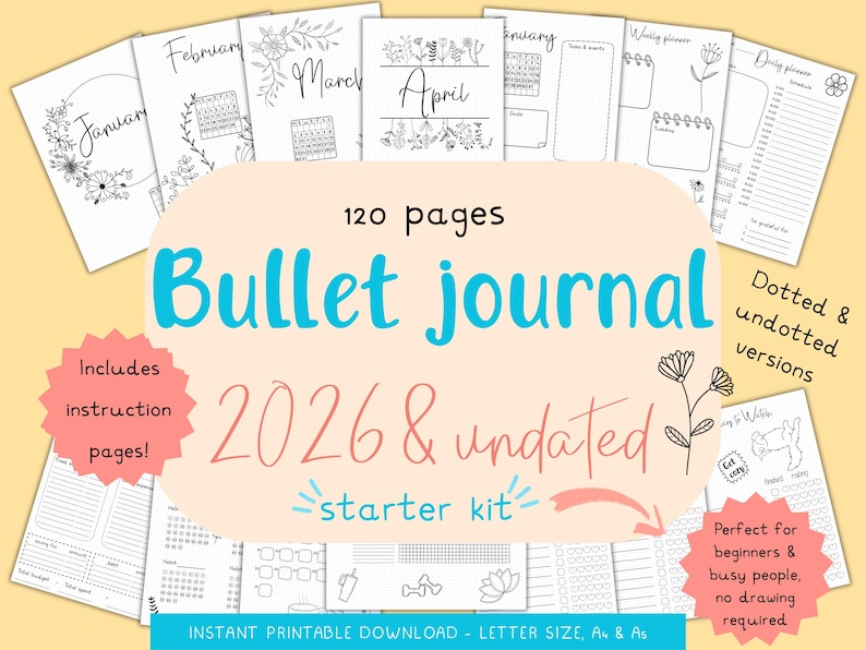 Bullet Journal 2026 & Undated Printable Planner | 120 Page Bujo Starter ...