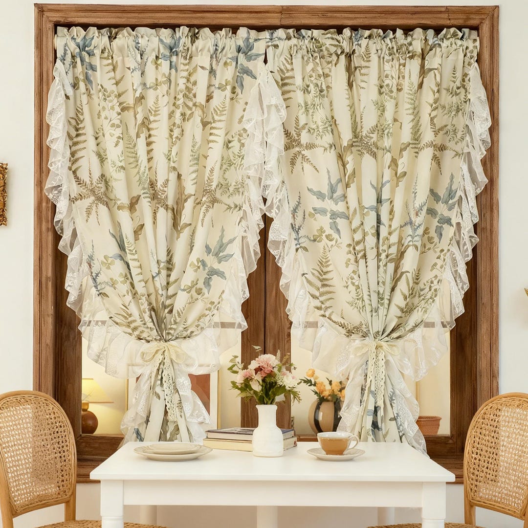 Beige Botanical Print Ruffled Curtains, Cottagecore Semi-blackout ...