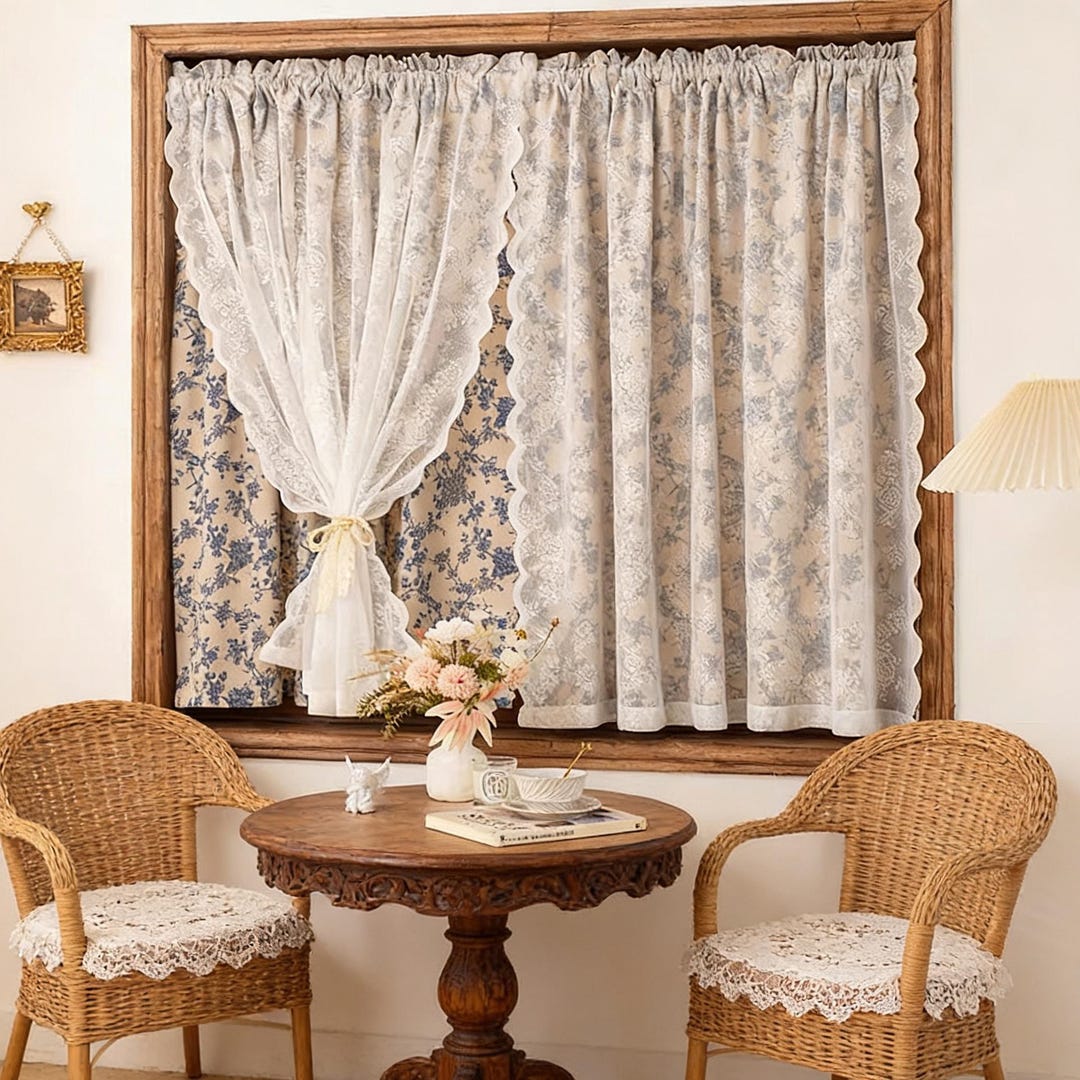 Vintage Floral Double-layer Lace Curtains, Romantic Cottagecore Window ...