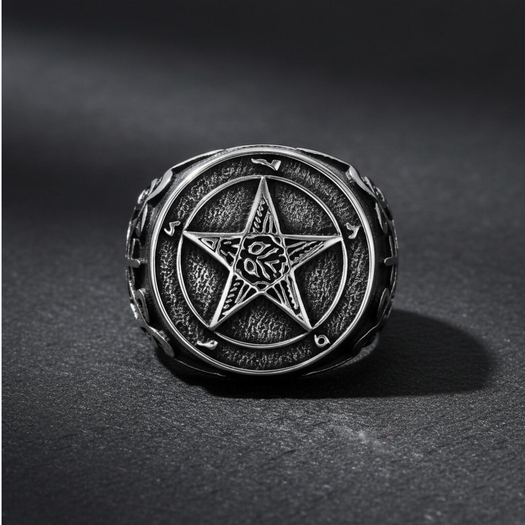 Pentagram Signet Ring Stainless Steel Silver Black Gothic Symbol Band ...