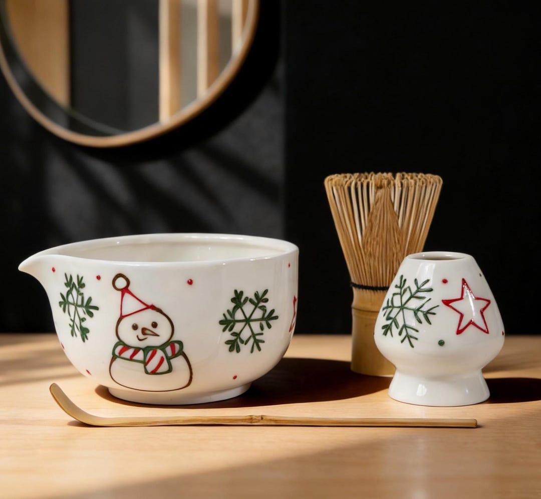 Cute Snowman Matcha Bowl Set With Spout, Hand Painted Winter Tea Kit ...