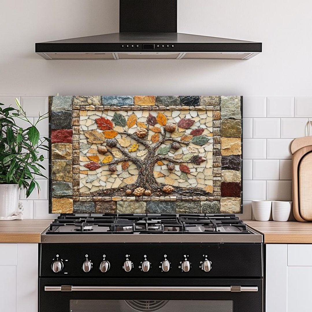 Tree of Life Glass Backsplash, Rustic Mosaic Kitchen Stove Splash Guard ...