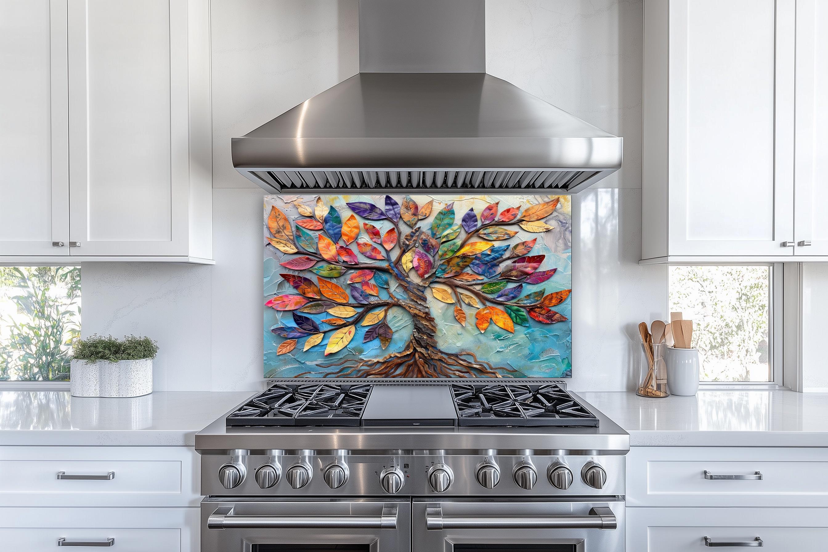 Colorful Tree of Life Glass Backsplash, Modern Kitchen Stove Splashback ...