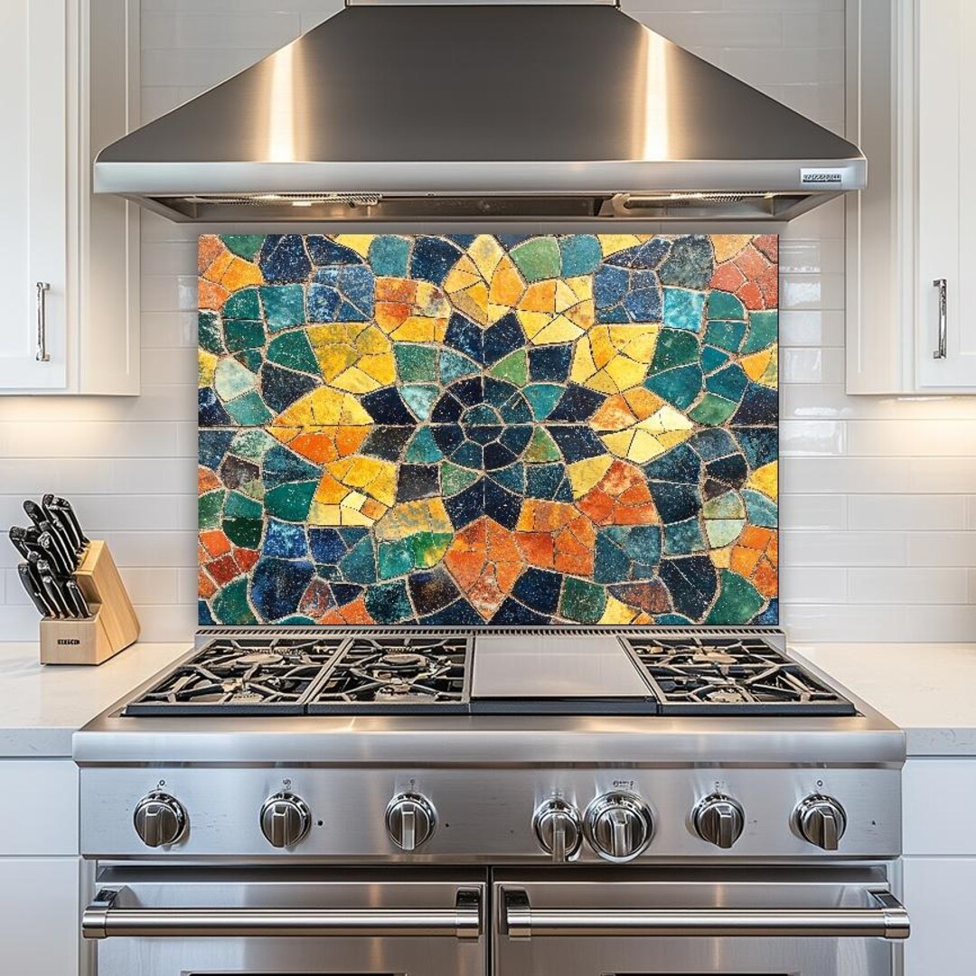 Colorful Mosaic Glass Backsplash, Geometric Tile Kitchen Stove Splash ...