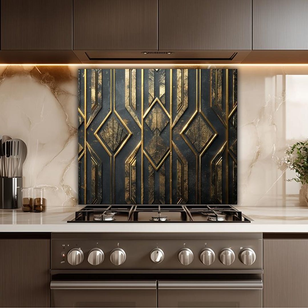 Art Deco Glass Backsplash, Black Gold Geometric Kitchen Splashback ...