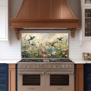 Hummingbird Glass Backsplash, Floral Nature Kitchen Wall Panel ...