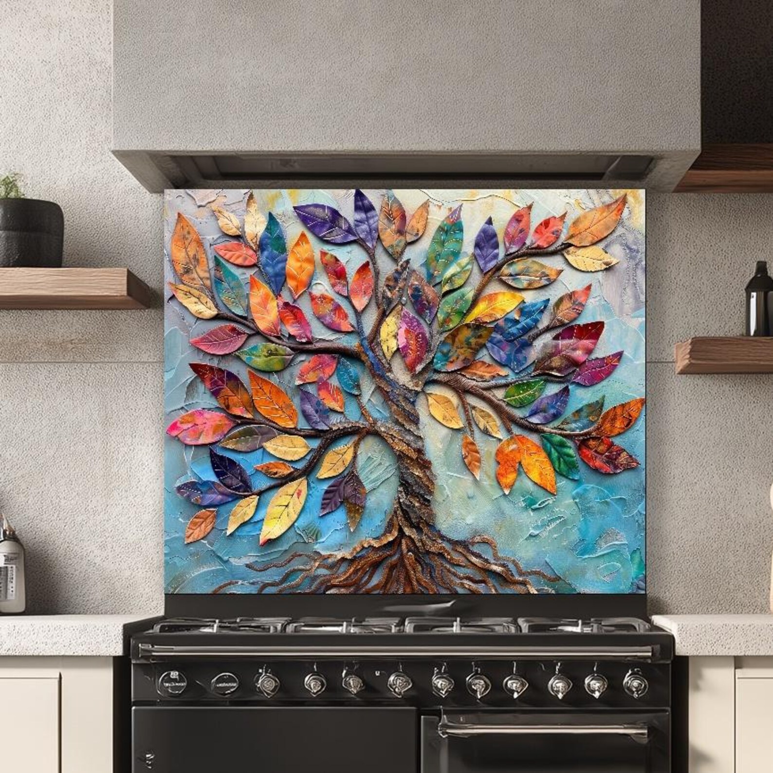 Colorful Tree of Life Glass Backsplash, Modern Kitchen Stove Splashback ...