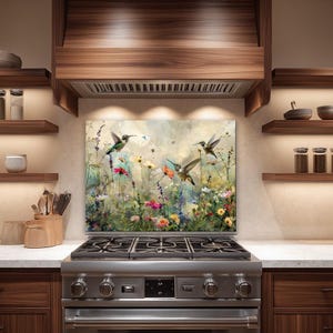 Hummingbird Glass Backsplash, Floral Nature Kitchen Wall Panel ...