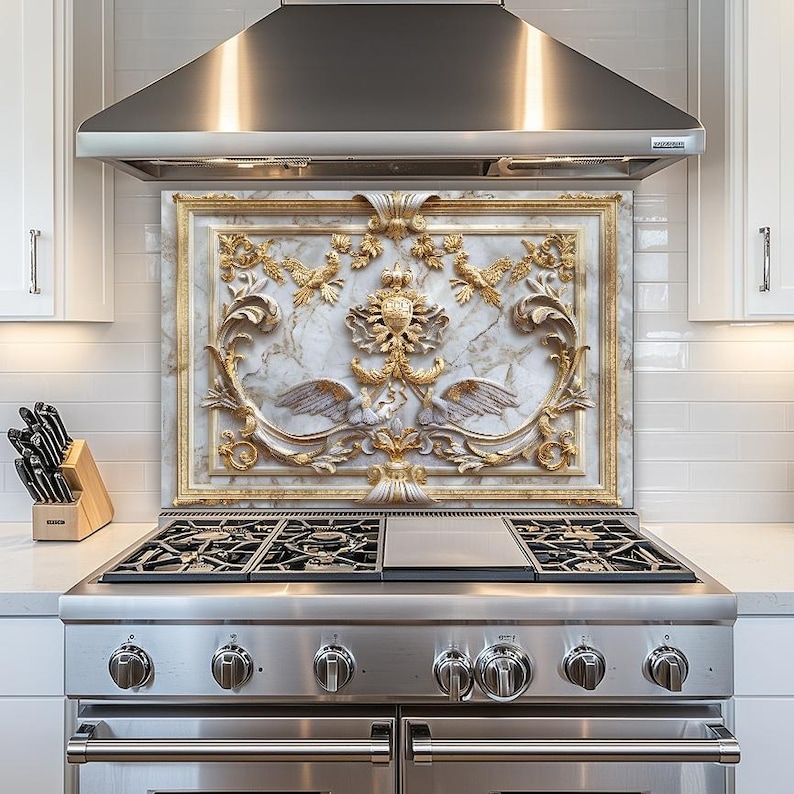 Royal Gold Baroque Glass Backsplash, Marble Winged Crest Stove Panel ...