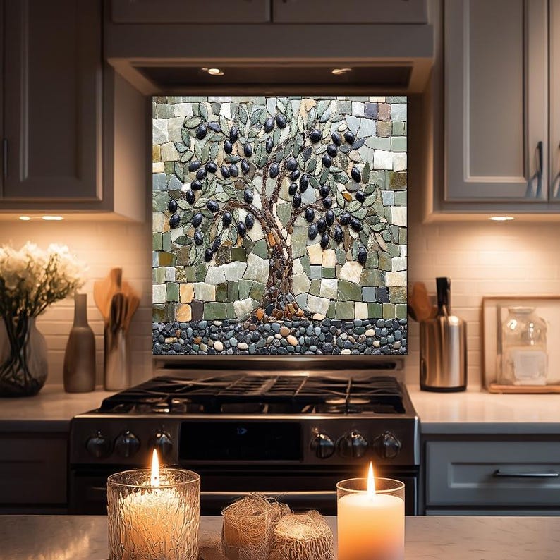 Olive Tree Mosaic Glass Backsplash, Mediterranean Stone Look Stove ...