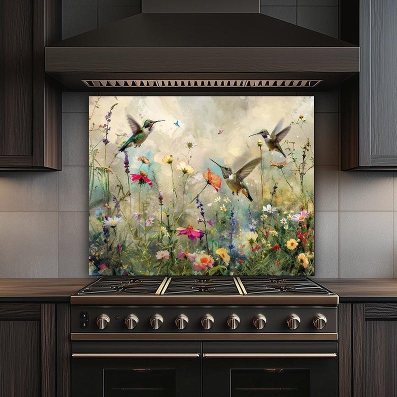 Hummingbird Glass Backsplash, Floral Nature Kitchen Wall Panel ...