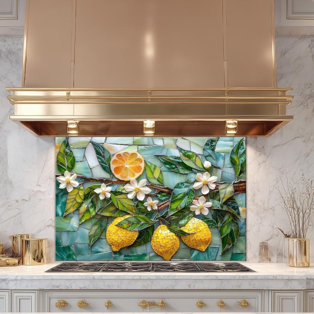 Lemon Mosaic Glass Backsplash, Mediterranean Kitchen Splashback, Floral ...