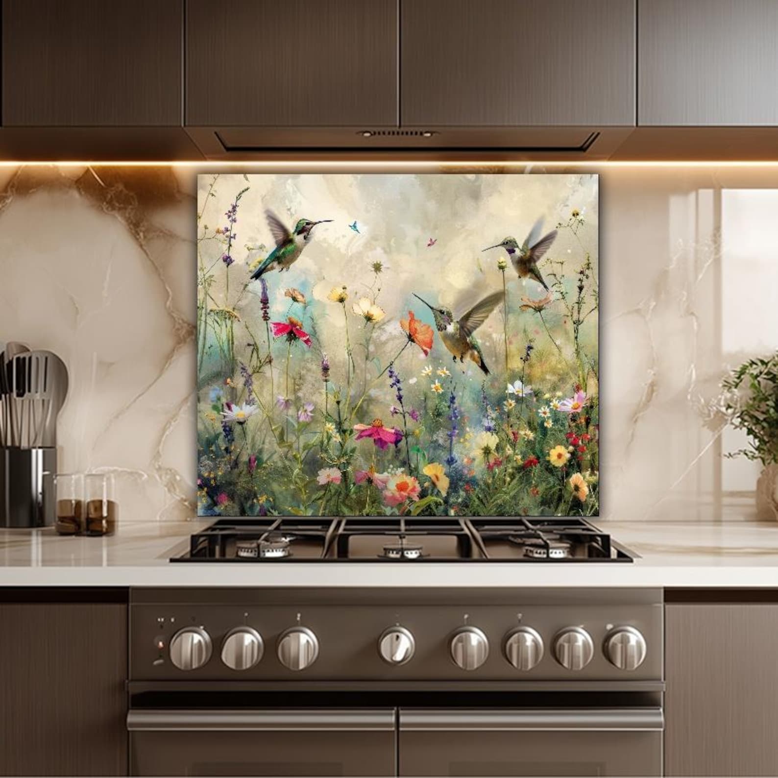 Hummingbird Glass Backsplash, Floral Nature Kitchen Wall Panel ...