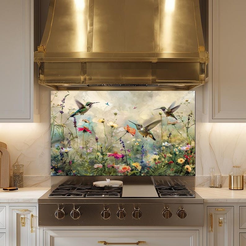 Hummingbird Glass Backsplash, Floral Nature Kitchen Wall Panel ...