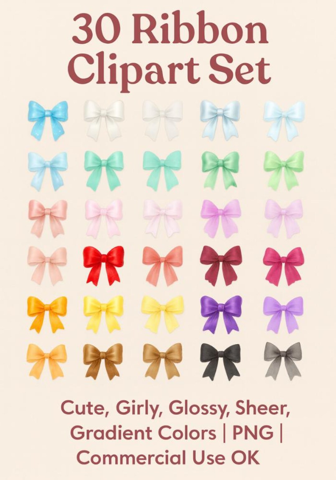 30 Ribbon Clipart Set – Transparent Pngs, Cute Glossy Gradient Bows ...