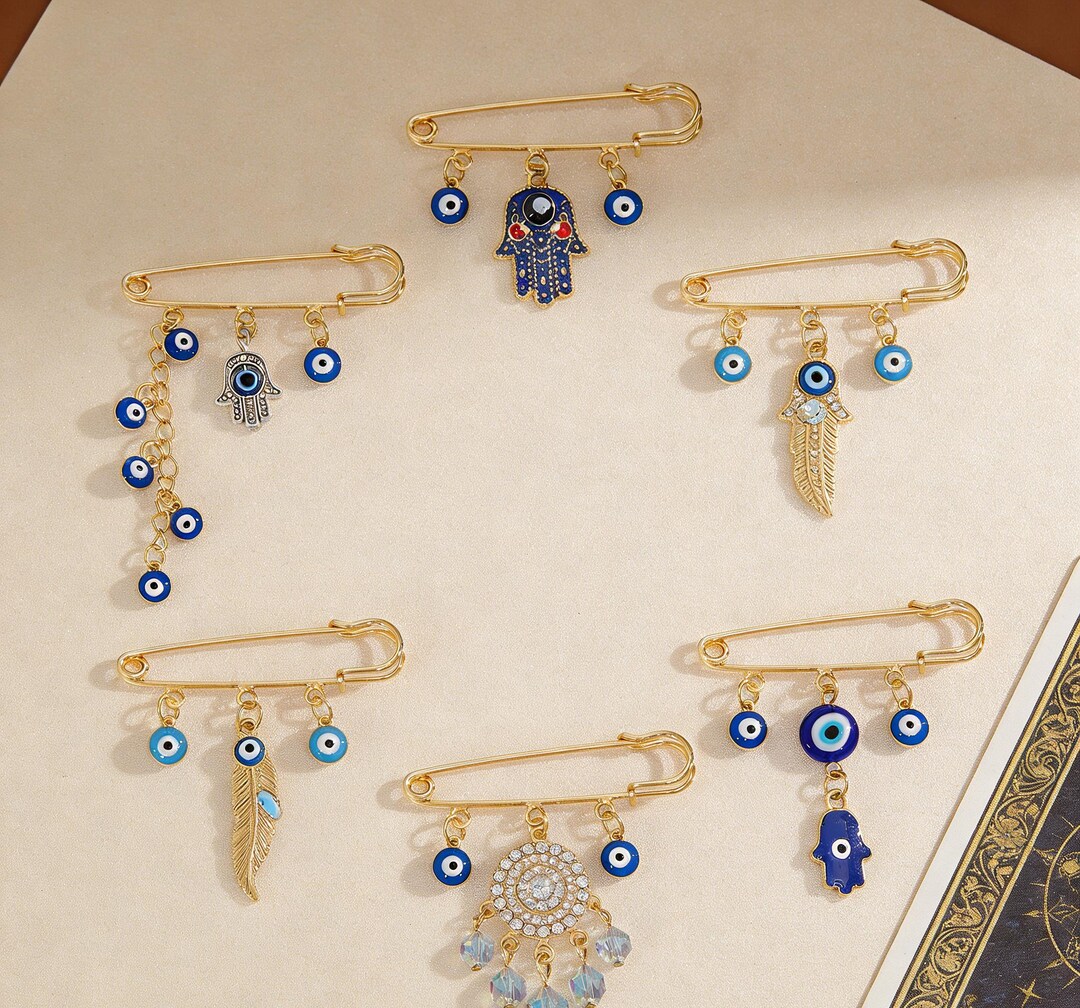 Evil Eye Safety Pin Brooch Protection Talisman Nazar Charm Boho Jewelry ...