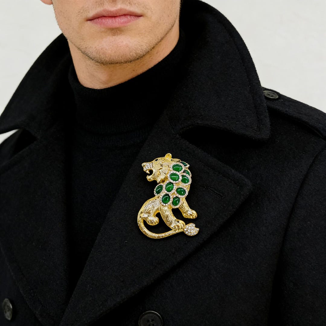 Vintage Style Gold Tiger Brooch With Emerald Green Glass Rhinestones ...