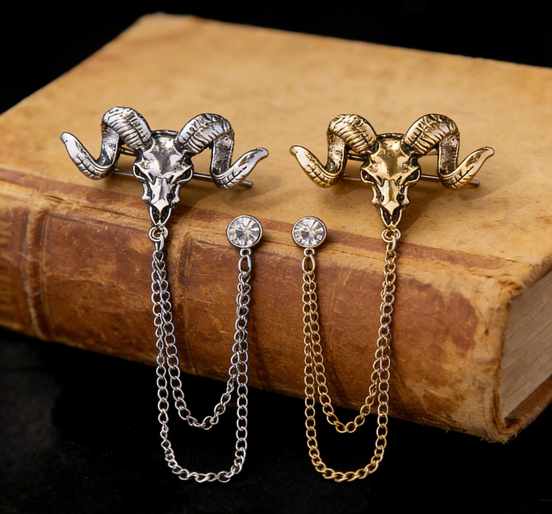 Vintage Style Ram Skull Brooch With Chains - Men's Lapel Pin - Aries ...