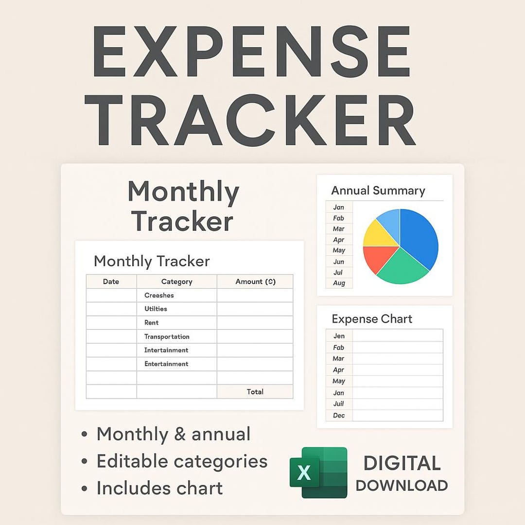 Expense Tracker | Excel Expense Spreadsheet | Monthly & Annual Spending ...