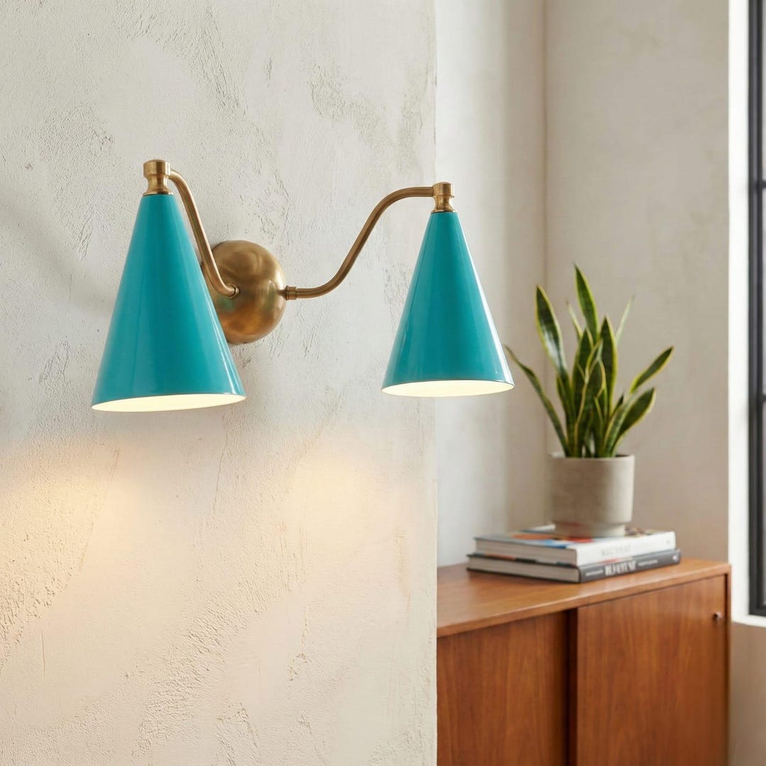 Teal Double Sconce, Mid Century Modern Vanity Fixture, Turquoise Brass ...